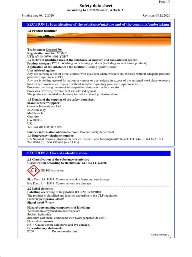 Genesol 704 - UK - Sds | PDF | Waste | Toxicity