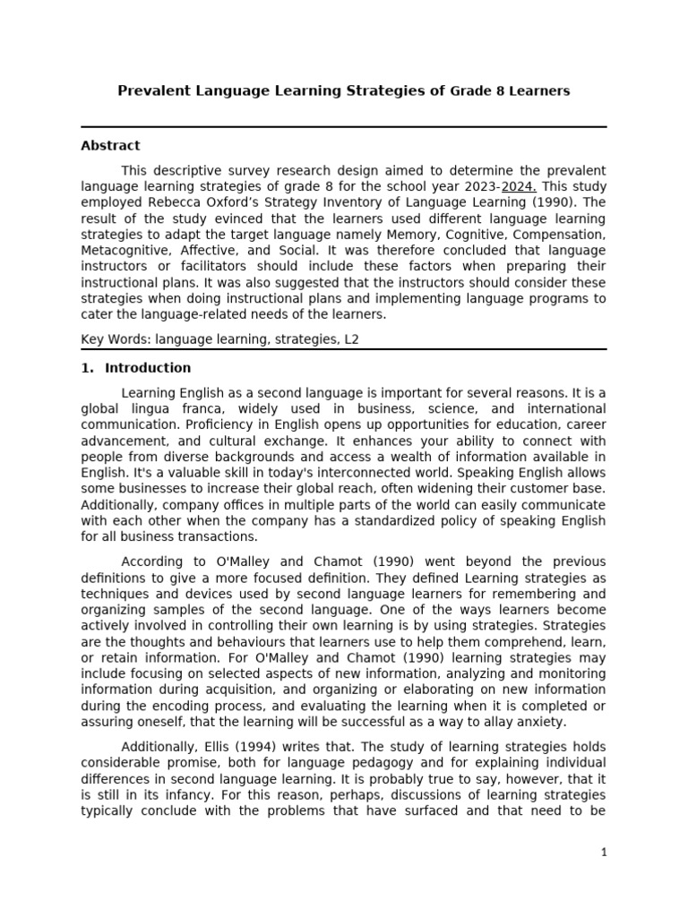 Grade 12 3is Report 1 1 | PDF | Learning | Second Language