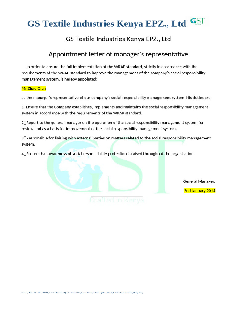 Appointment Letter of Manager's Representative | PDF