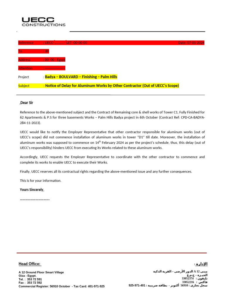 Notice of Delay For Aluminum Works by Other Contractor (Out of UECC's ...