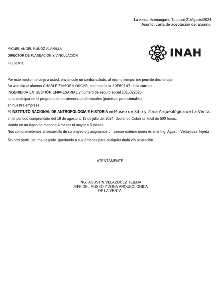 Carta de Aceptación Residencia Profesional | PDF