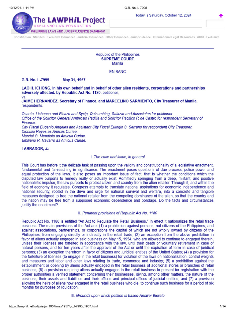 Inchong v. Hernandez | PDF | Equal Protection Clause | Fourteenth ...