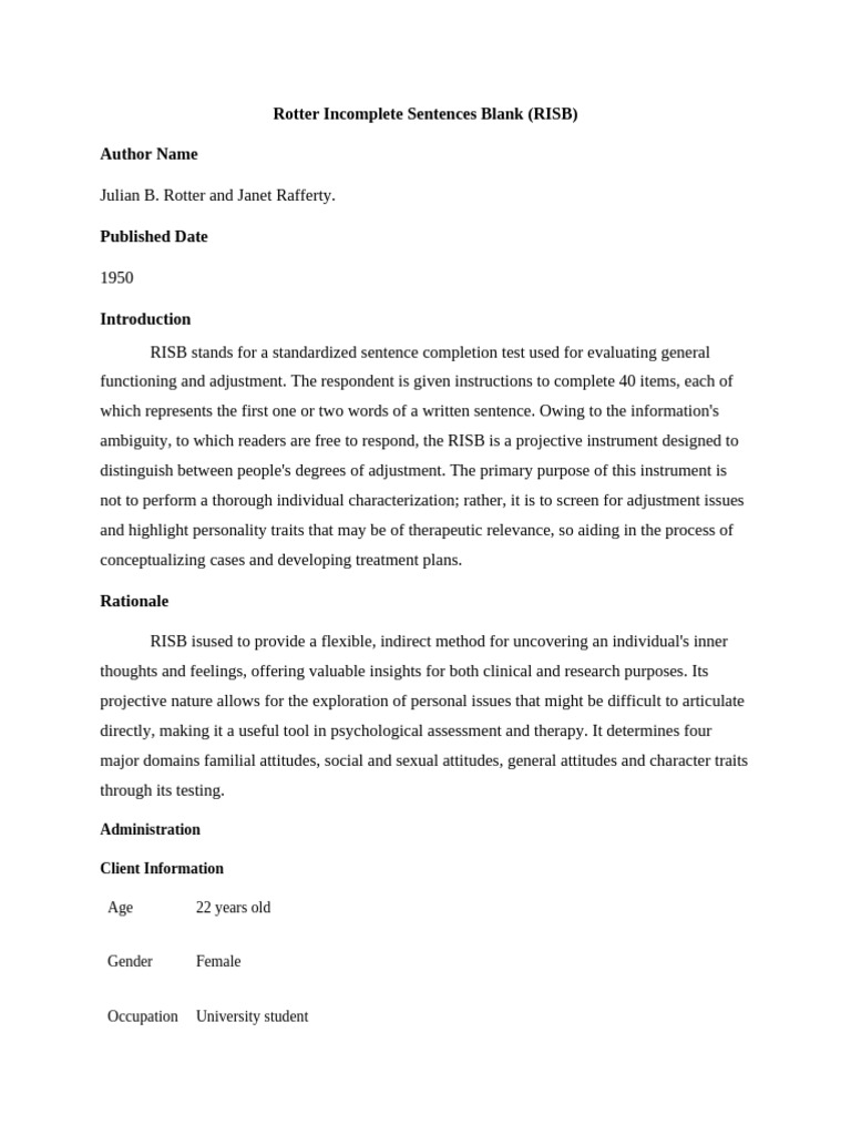 Rotter Incomplete Sentences Blank Final | PDF | Psychological ...