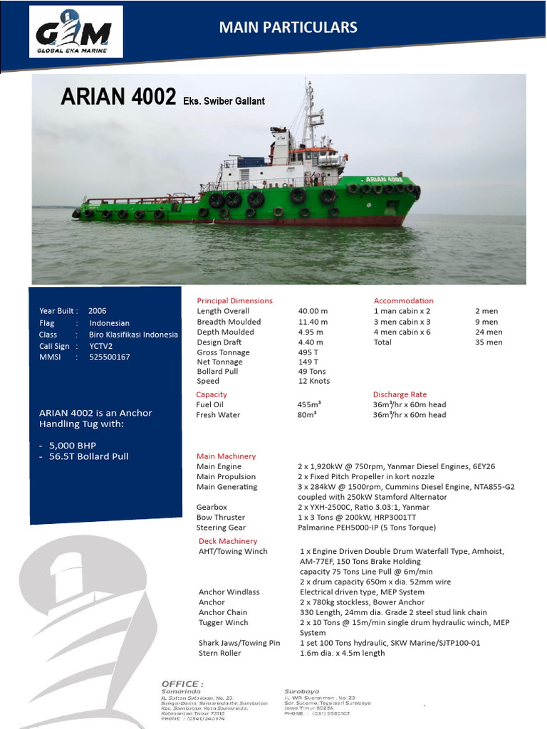 Specifications of Arian 4002 Tug Boat | PDF | Tugboat | Shipping