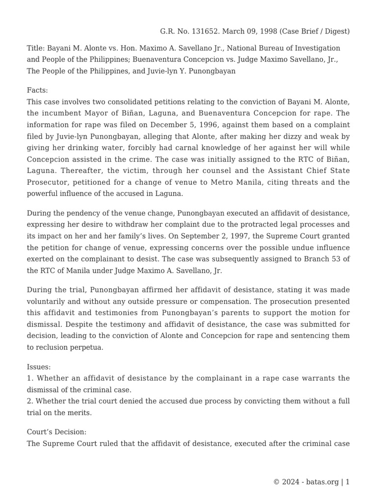 Alonte vs. Savellano: Rape Case Digest | PDF | Trials | Prosecutor