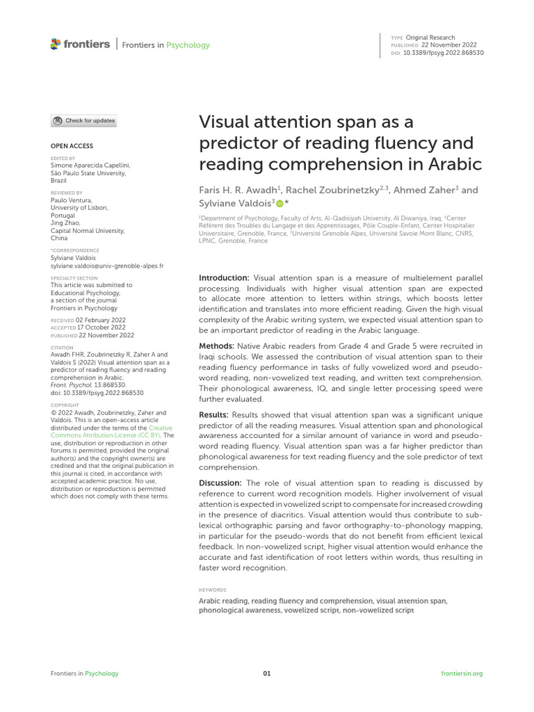 1 Visual Attention Span As A Predictor of Reading Fluency and Reading ...