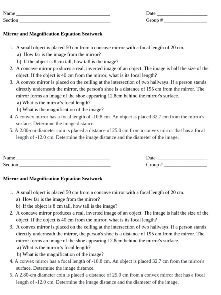 Mirror and Magnification Equation Seatwork | PDF | Mirror | Glass ...