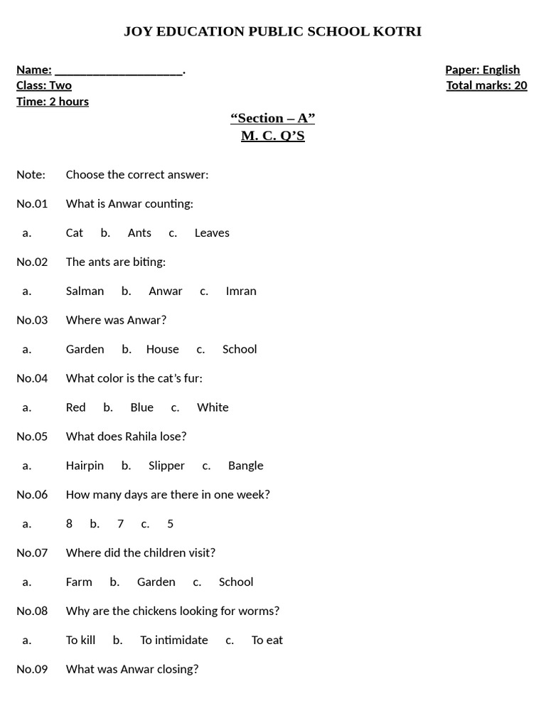 Class 2 Paper & Mcqs English | PDF