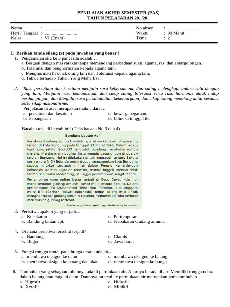 Soal Pas KLS 6 Tema | PDF