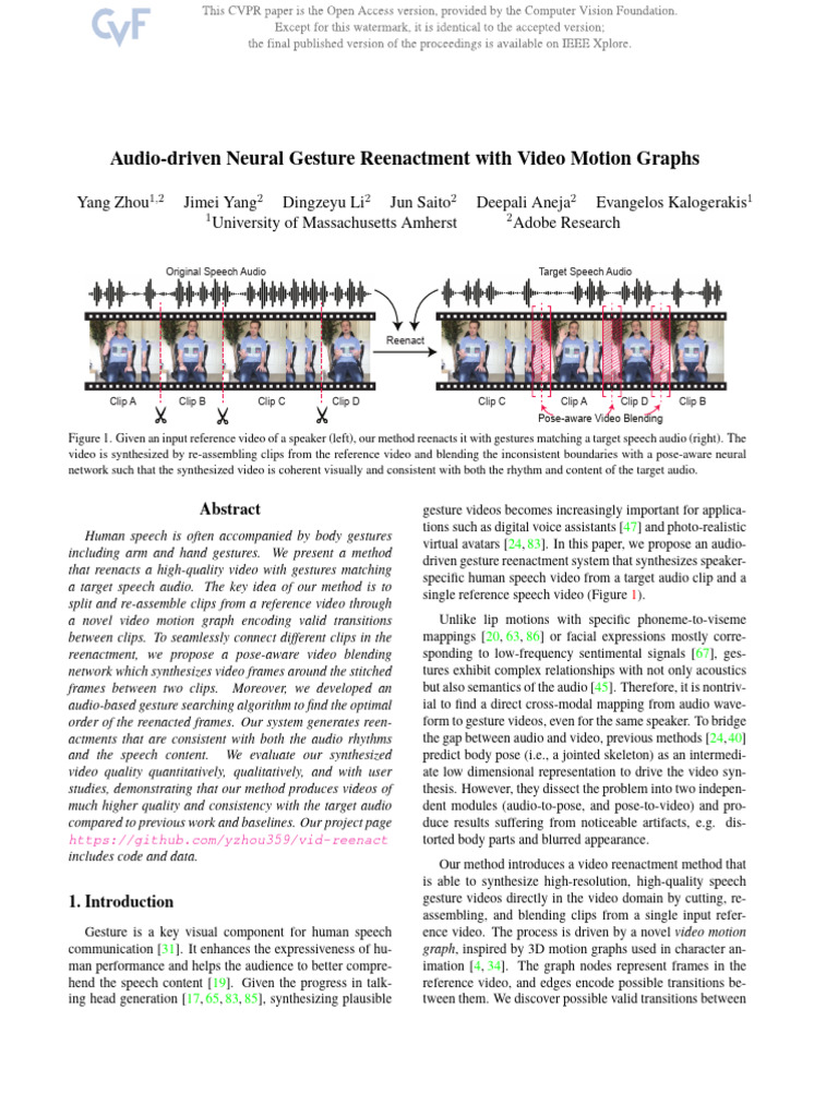 Zhou Audio-Driven Neural Gesture Reenactment With Video Motion Graphs CVPR 2022 Paper | PDF ...