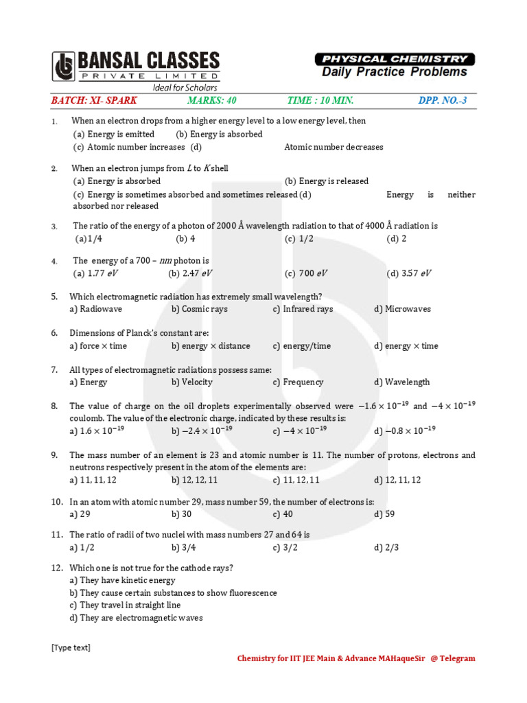 DPP 3 Atomic Structure | PDF | Electromagnetic Radiation | Electron