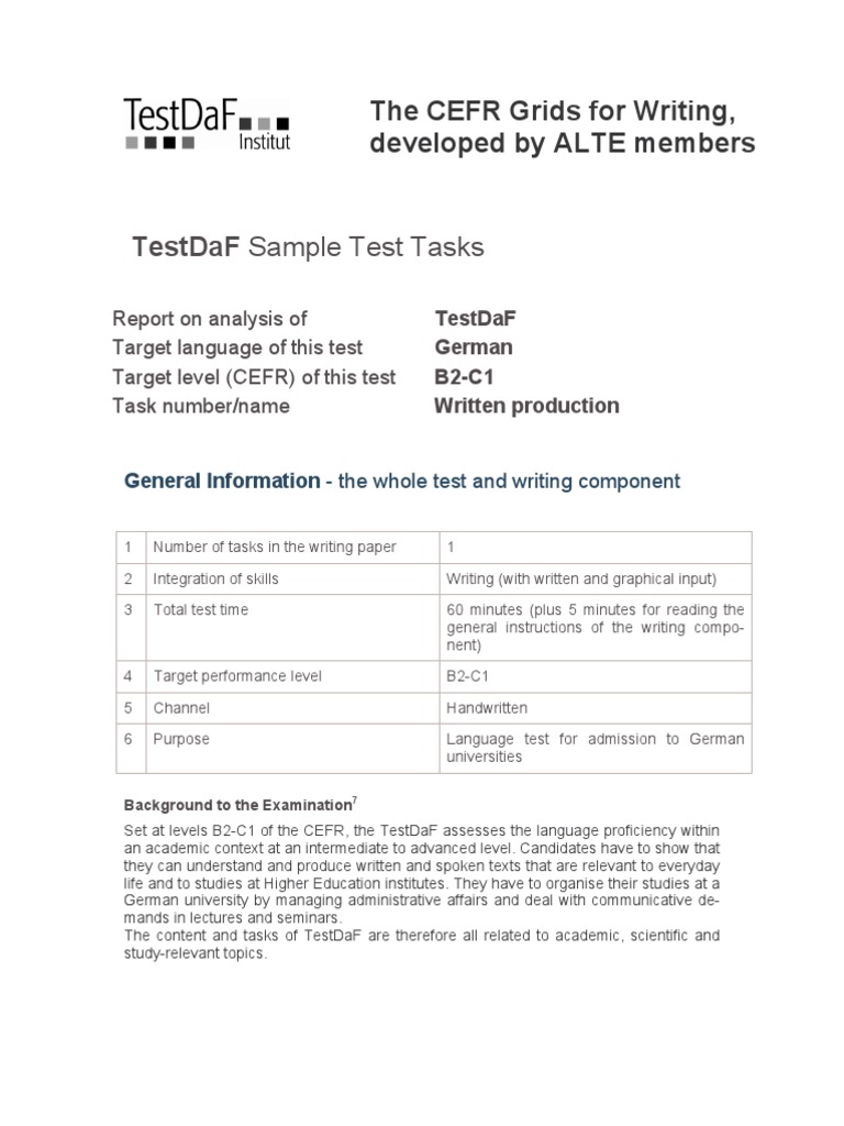 ALTECEFR Writing Grid-2.0 - TestDaF Samples | PDF | Cognition ...