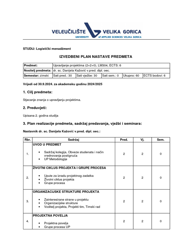 Izvedbeni Plan Predmeta | PDF