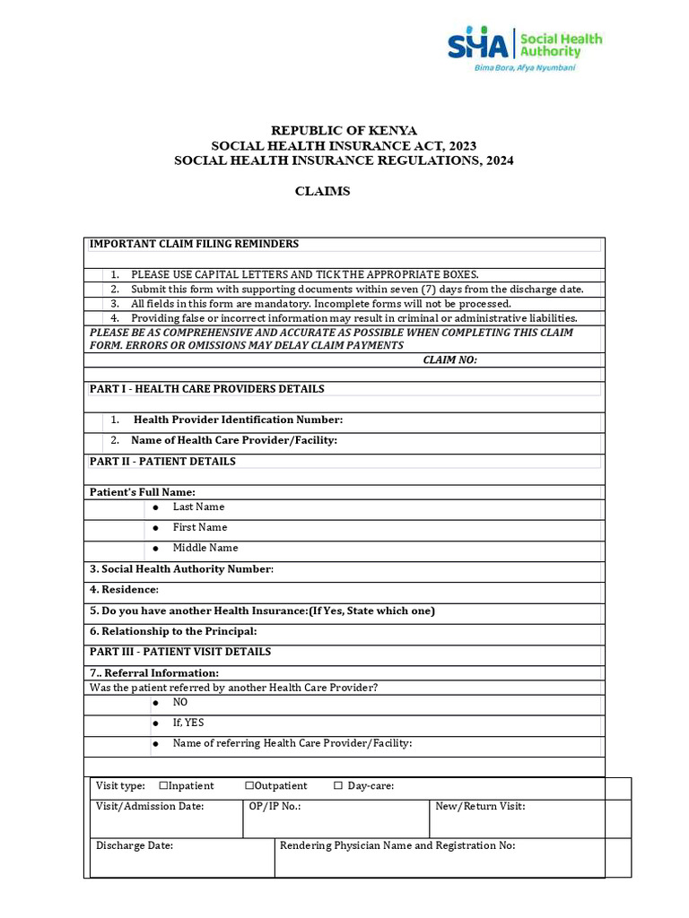 SHA HCPs CLAIM FORM-2024 | PDF | Patient | Health Care