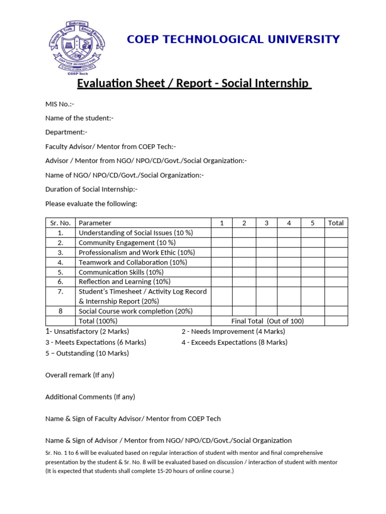 Evaluation Sheet - Social Internship Faculty | PDF | Mentorship | Reflective Practice