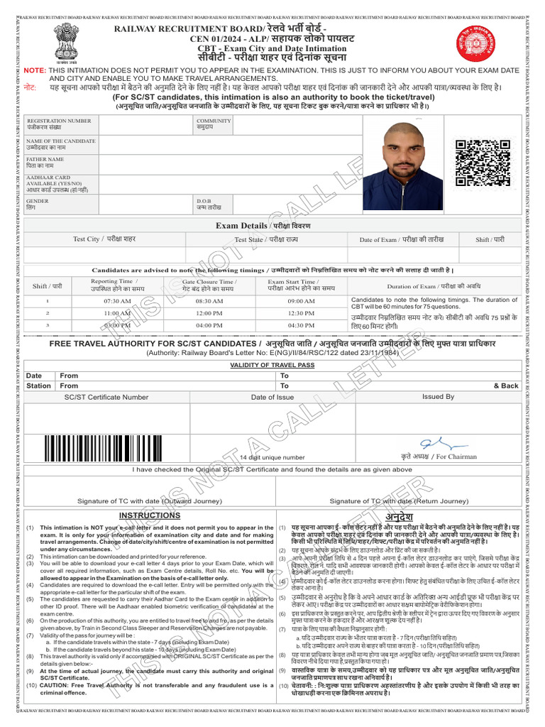 Letter: Railway Recruitment Board/ - CEN 01/2024 - ALP/ CBT - Exam City and Date Intimation | PDF