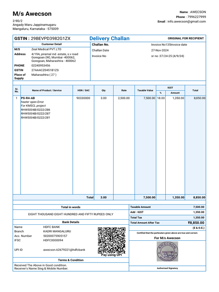 Challan - Invoice No135Invoice Date Zeal Medical PVT LTD | PDF | Public ...