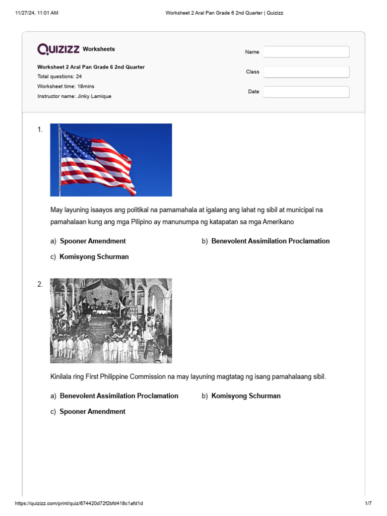 Worksheet 2 Aral Pan Grade 6 2nd Quarter - Quizizz | PDF
