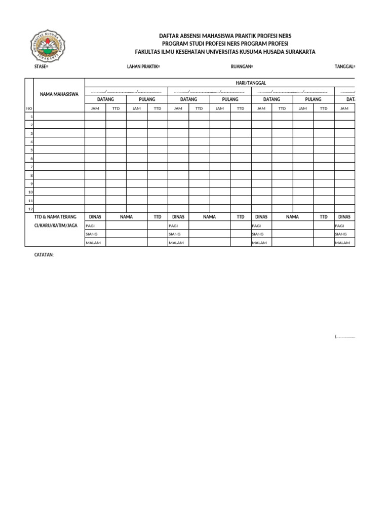 Daftar Absensi Praktik Ners 2023 | PDF