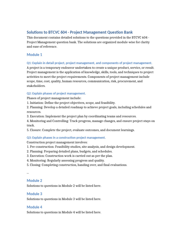 BTCVC 604 Project Management Solutions | PDF