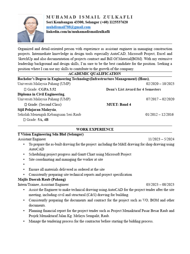 MUHAMAD ISMAIL ZULKAFLI Project Engineer Resume | PDF | Engineering