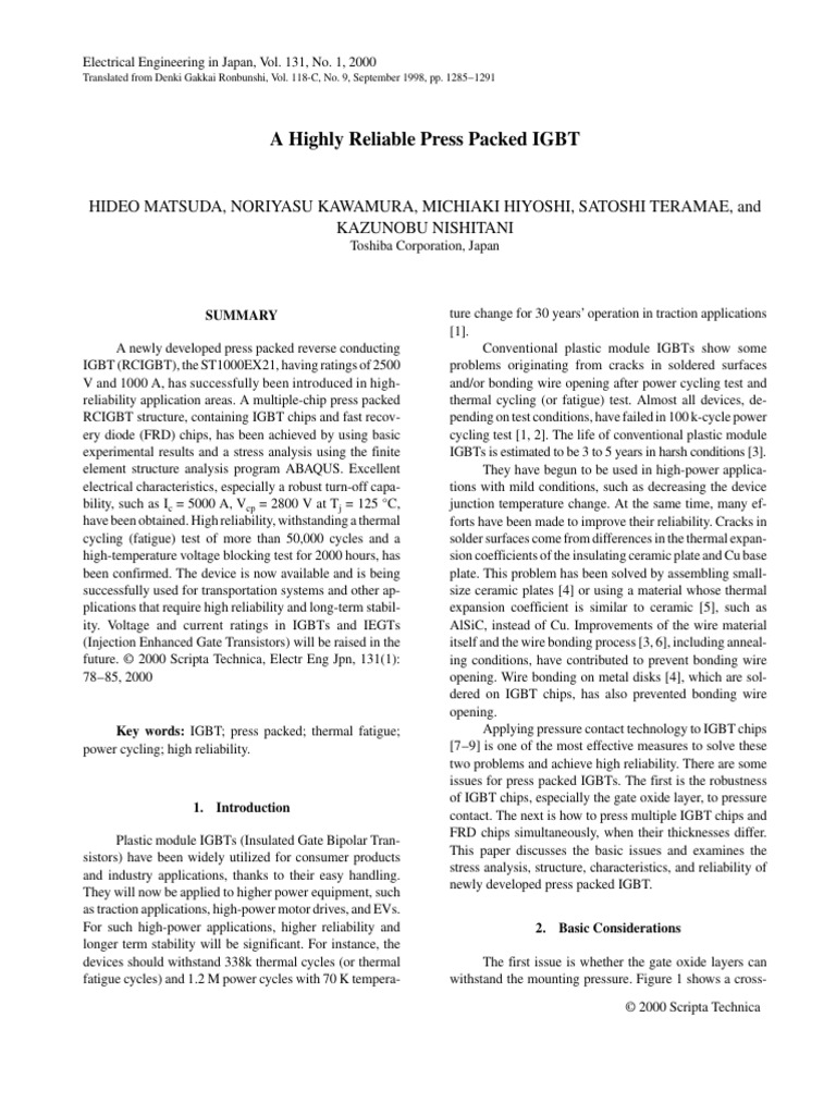 Electrical Engineering Japan - 2000 - Matsuda - A Highly Reliable Press ...
