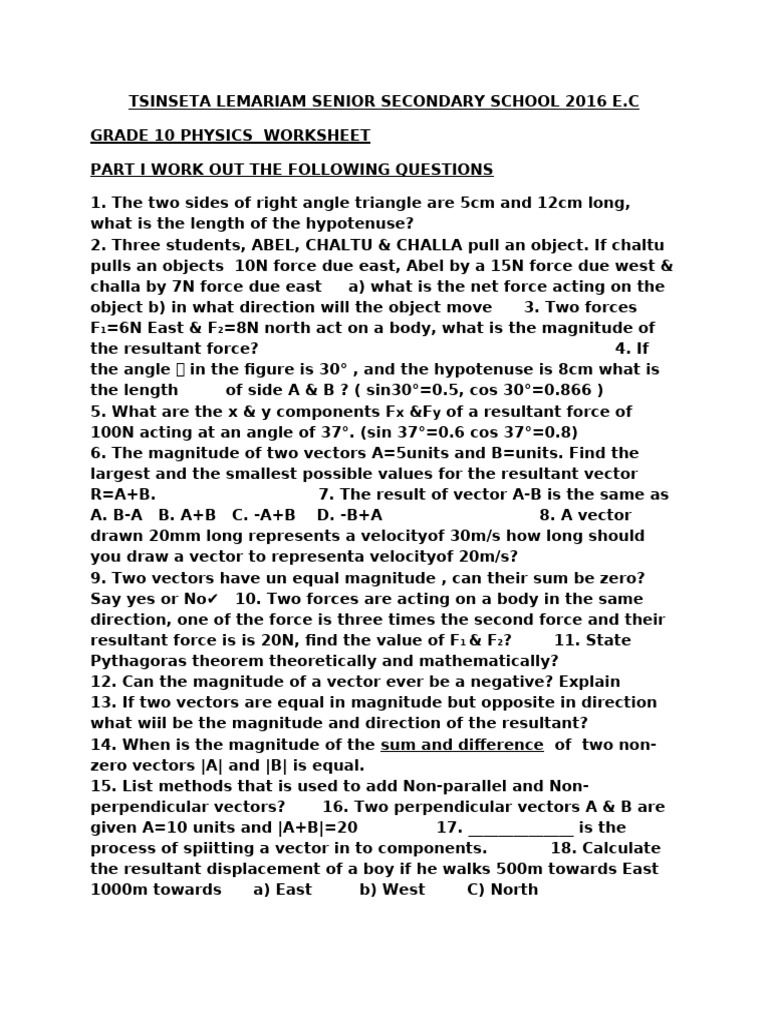 Grade 10 Worksheet-1 | PDF | Euclidean Vector | Force