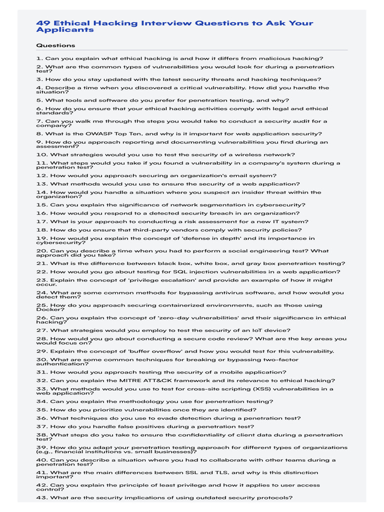 49 Ethical Hacking Interview Questions To Ask Your Applicants 1726034882900x7v | PDF | Security ...