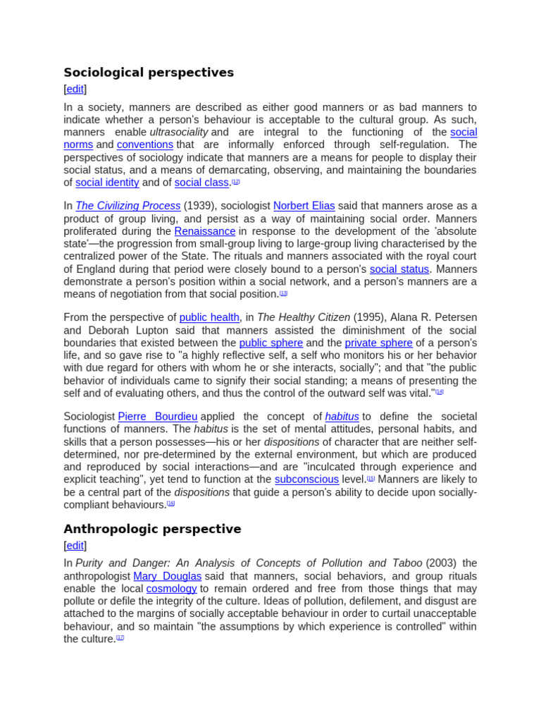 Sociological Perspectives on Manners | PDF | Etiquette | Behavioural ...