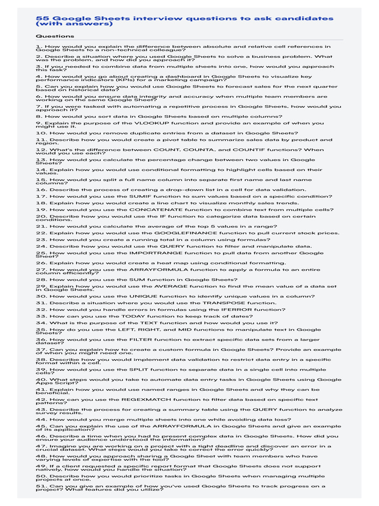 Google Sheets Interview Questions Guide | PDF | Data | Function ...