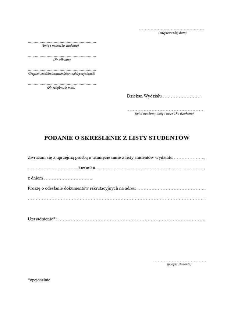 Podanie o Skreslenie Z Listy Studentow JW | PDF