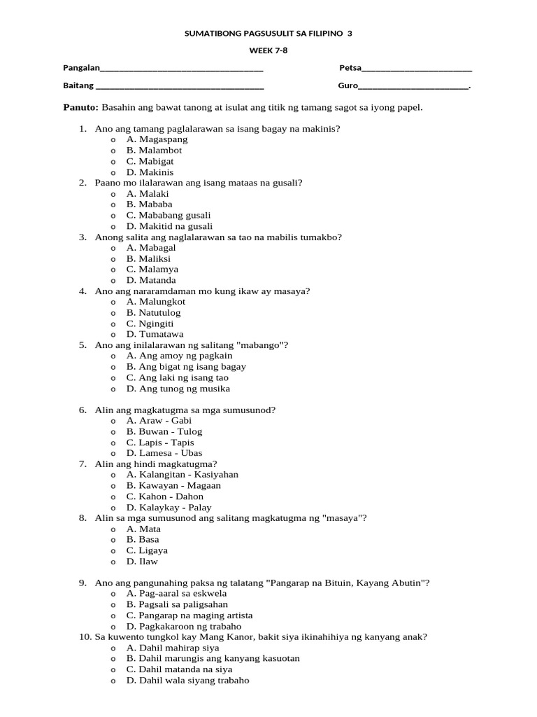 Sumatibong Pagsusulit Sa Filipino 3 Week 7 8 | PDF