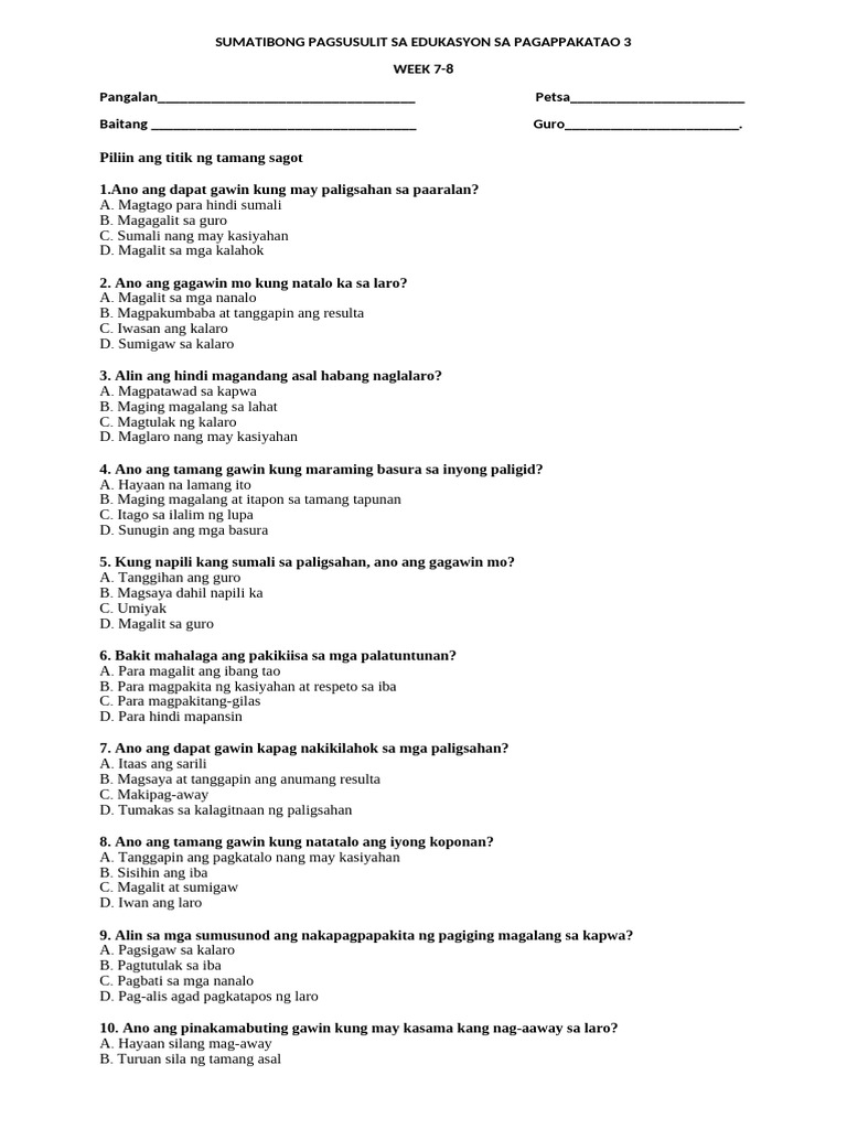 Sumatibong Pagsusulit Sa Esp 3 Week 7 8 | PDF