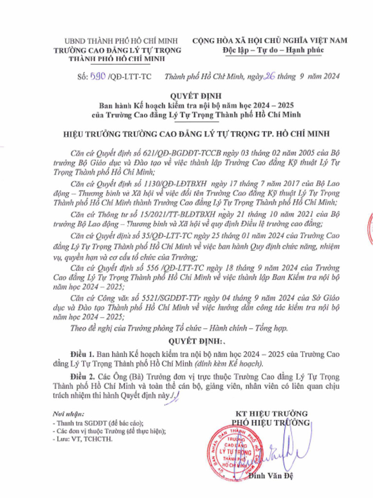 590 QD Ban Hanh Ke Hoach Kiem Tra Noi Bo Nam Hoc 2024 2025 | PDF