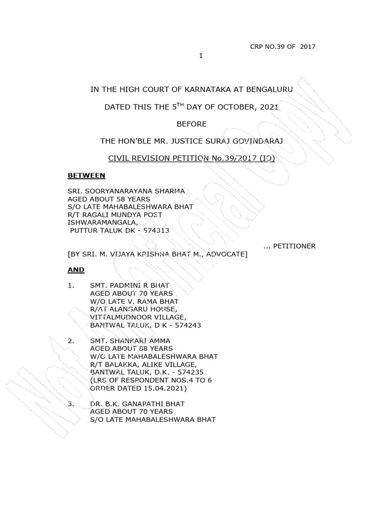 Sooryanarayana Sharma Vs Padmini R Bhat. | PDF | Lawsuit | Pleading