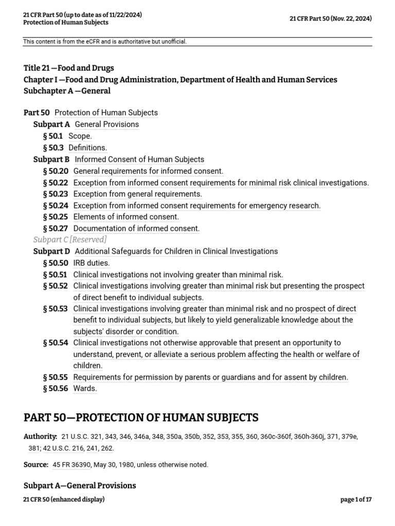 21 CFR Part 50 (Up To Date As of 11-22-2024) | PDF | Institutional ...