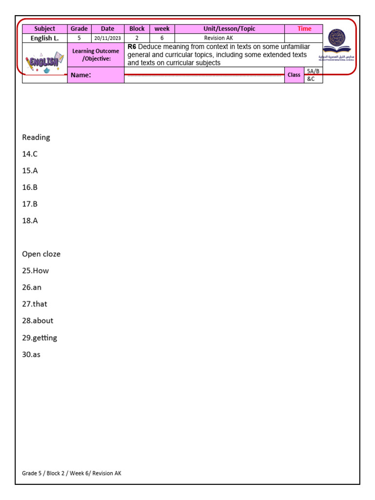 Revision Grade 5 Answer Key | PDF