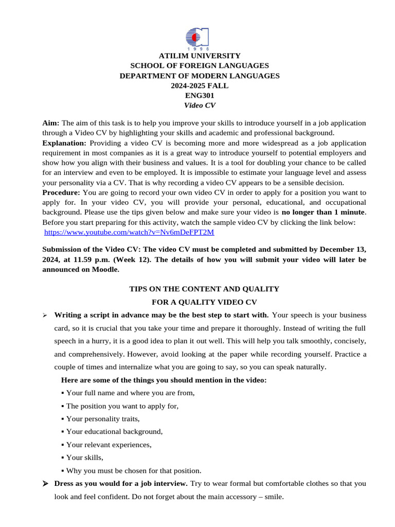 ENG301 Video CV Task Sheet 2024-2025 Fall | PDF | Human Communication