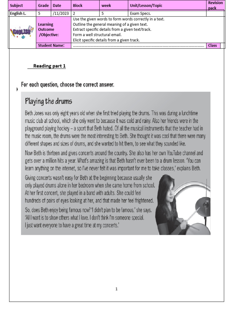 Revision Pack Block 2 For Grade 5 | PDF | Learning | Cognition