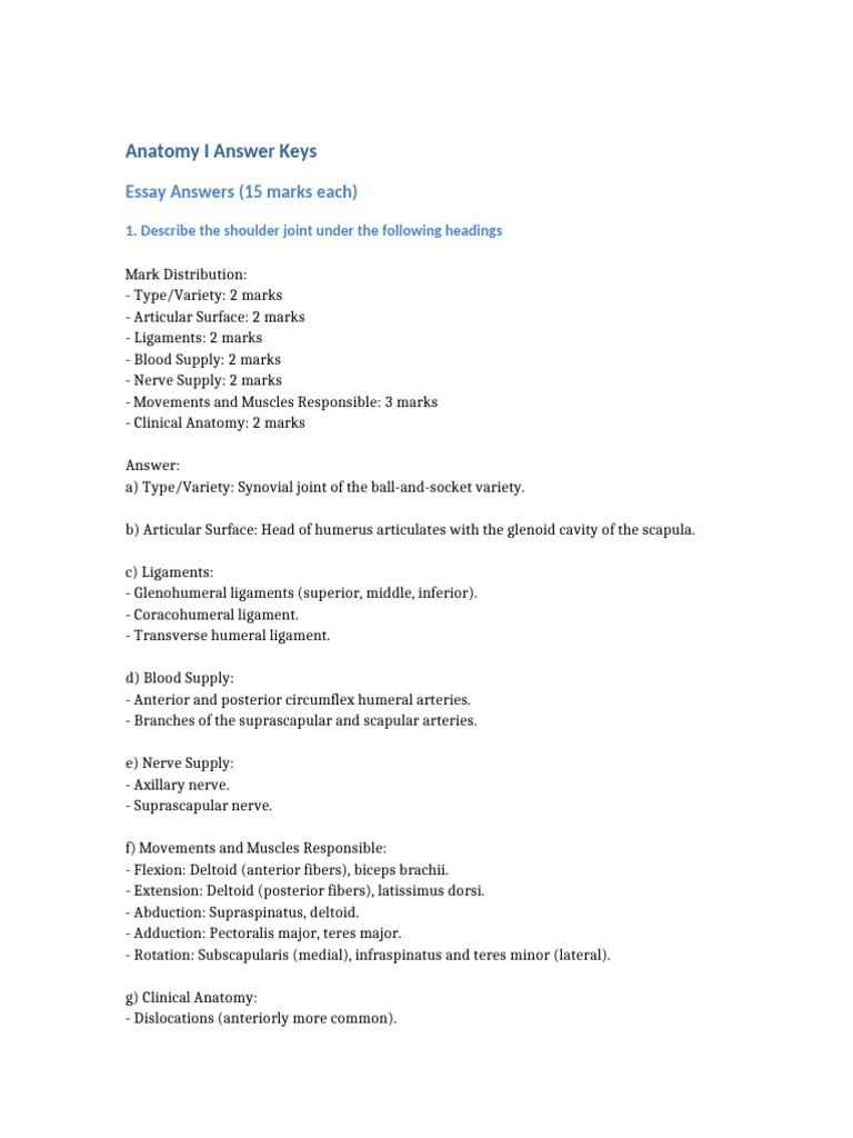 Anatomy I Answer Keys-1 | PDF | Coronary Circulation | Shoulder