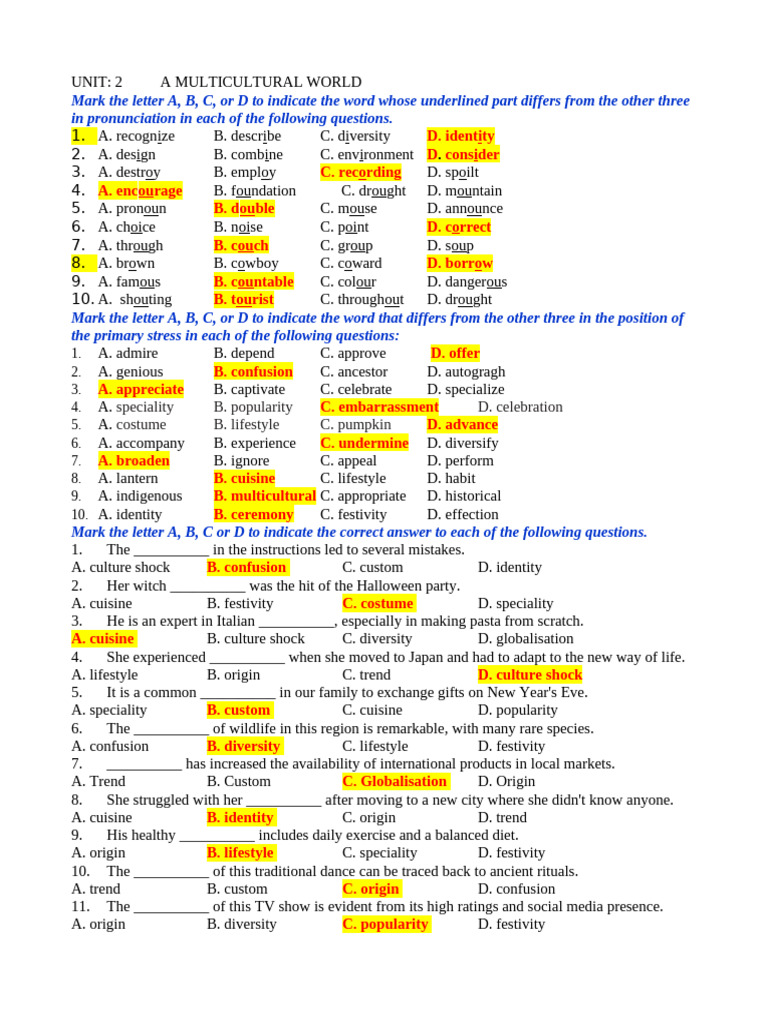 Pronunciation and Stress in Multicultural Vocabulary | PDF ...