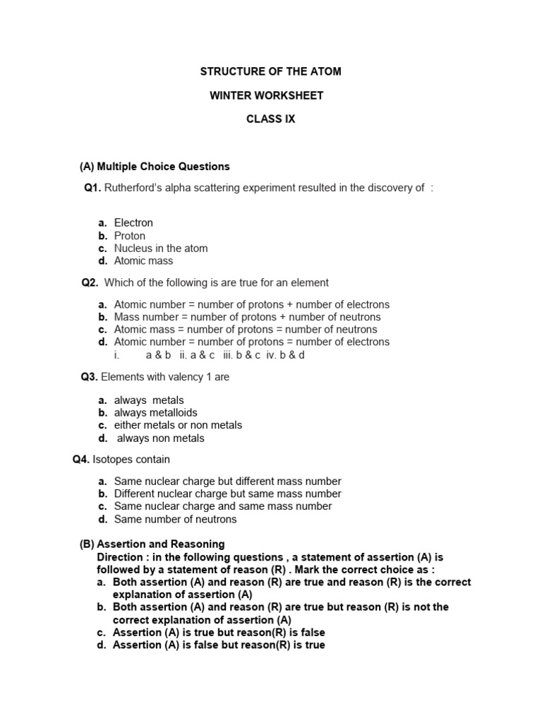 Winter Sheet Chemistry | PDF | Atoms | Proton