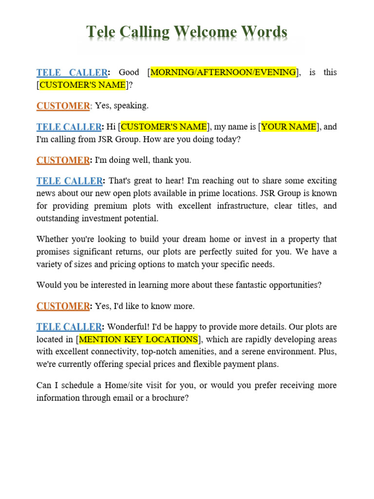 Real Estate Tele Calling Welcome Words | PDF