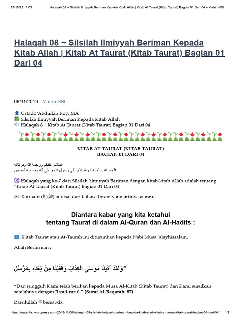 8 Kitab at Taurat (Kitab Taurat) Bagian 01 Dari 04 - Materi HSI | PDF