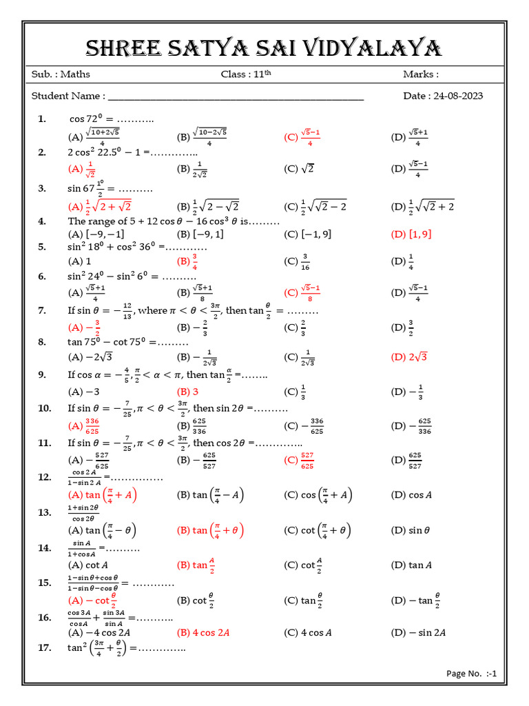 Trigonometry-11th Maths Paper 24-08-2023-With Answer | PDF