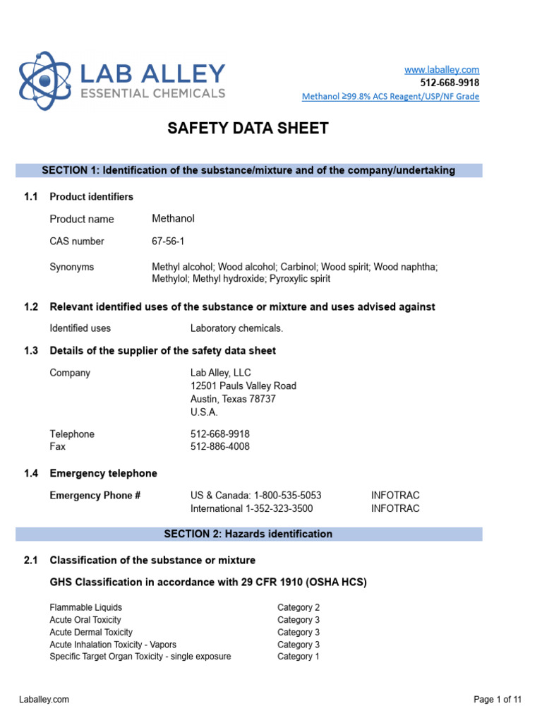 Methanol 998 Acs Reagentuspnf Grade Safety Data Sheet 673226cd618c1 ...