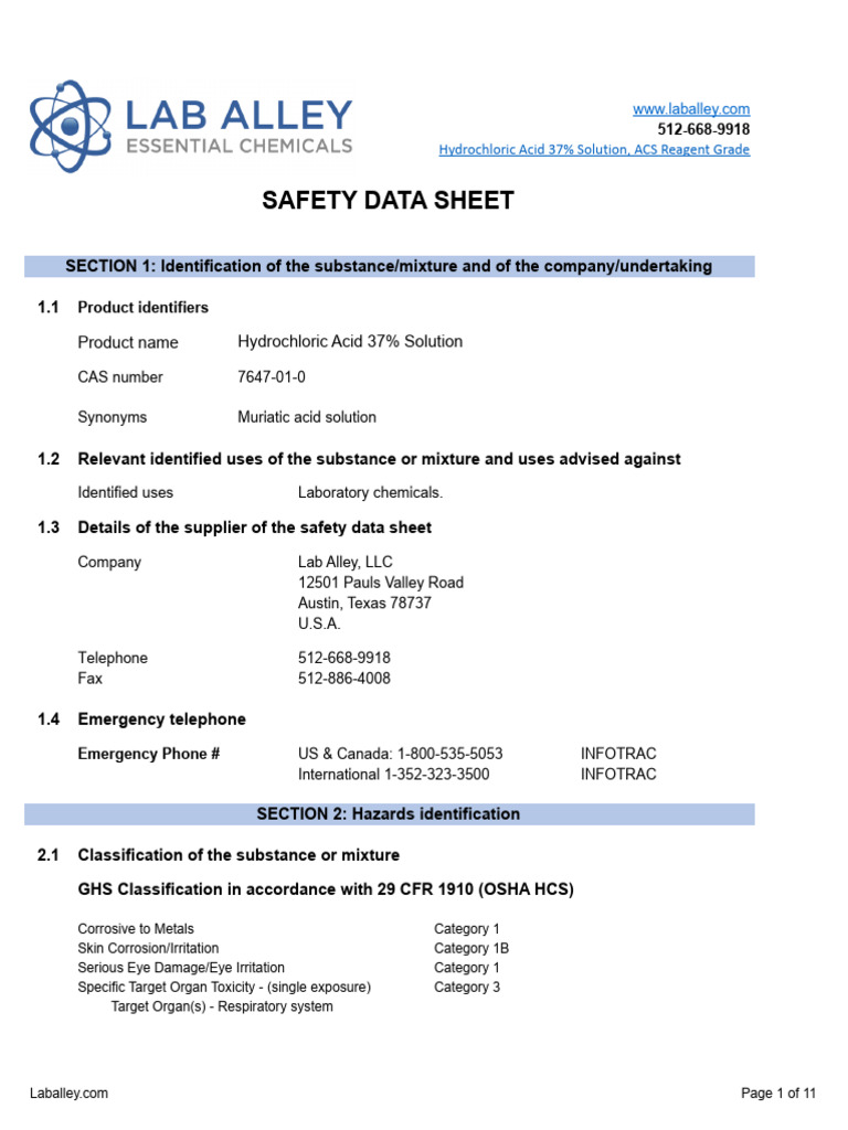 Hydrochloric Acid 37% Safety Data Sheet | PDF | Safety | Occupational ...