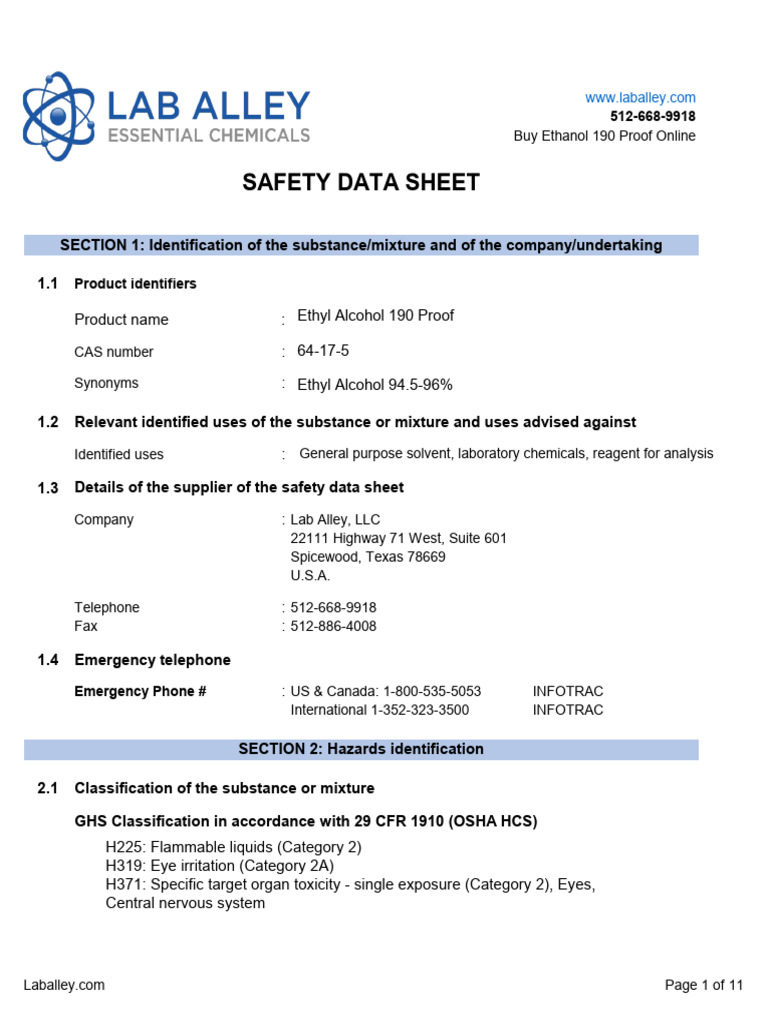 Organic Cane Alcohol 190 Proof For Tinctures Perfume Safety Data Sheet ...