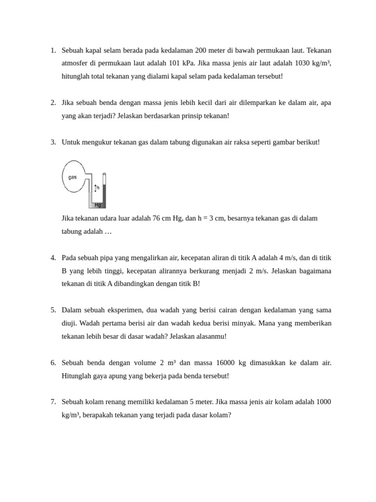 Latihan Soal Tekanan Pada Zat (Padat, Cair, Gas) | PDF