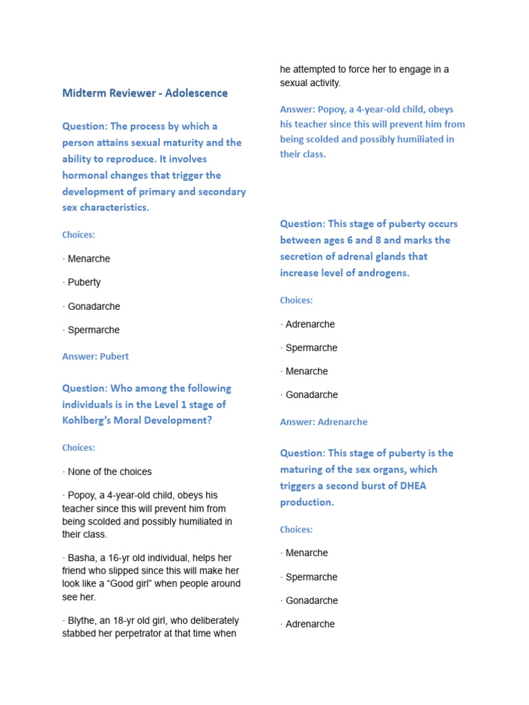 Adolescence Midterm Review Guide | PDF | Eating Disorder | Puberty